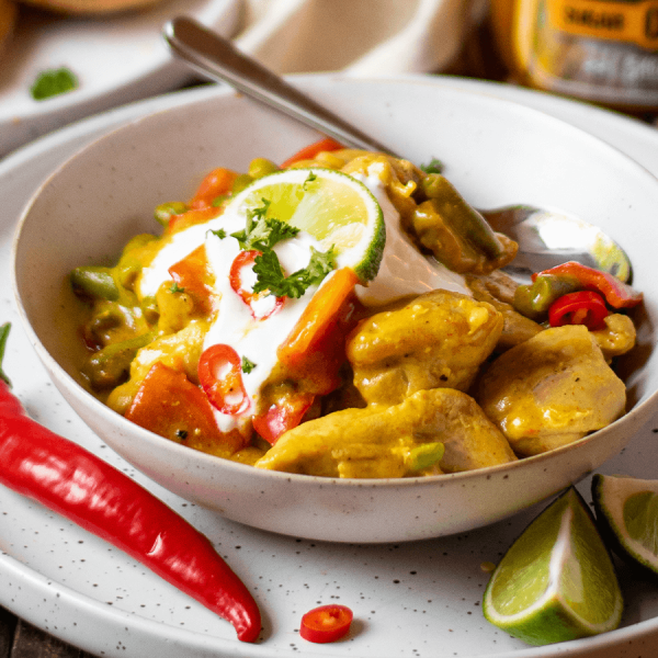 Gezonde pittige kip curry met groenten en romige saus